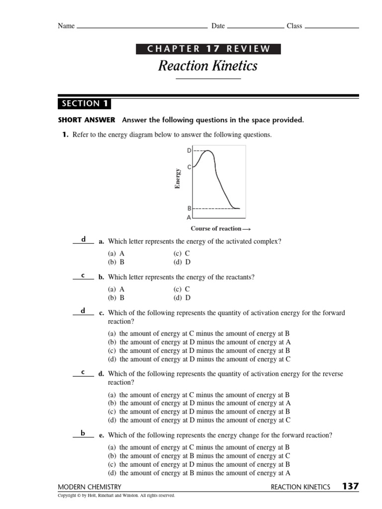 Chapter 17 Study Guide ANSWER KEY | PDF | Reaction Rate | Chemical Reactions