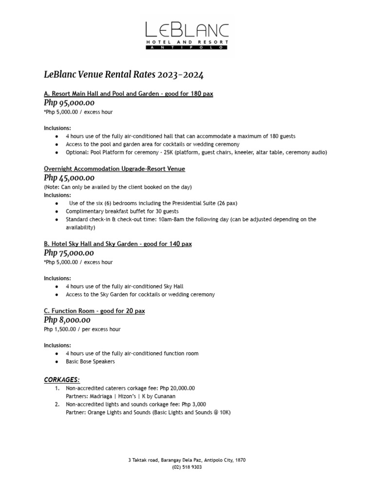 LB Venue Rental Rates 2023-2024 | PDF