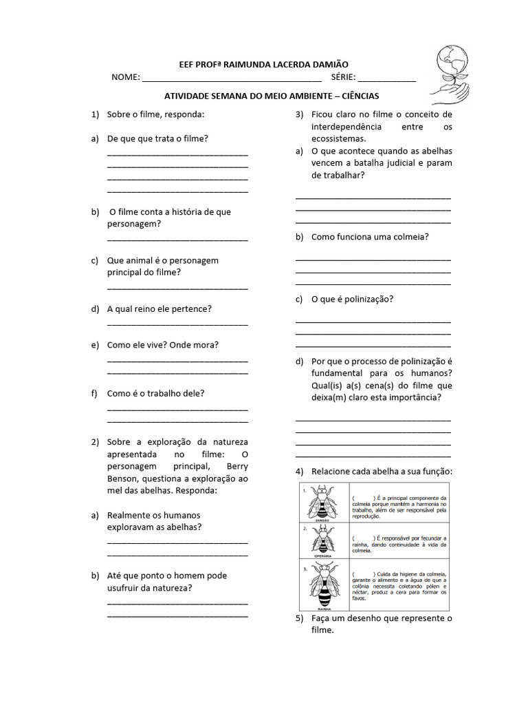 Atividade Sobre o Filme Bee Movie - Semana Do Meio Ambiente | PDF | Abelhas