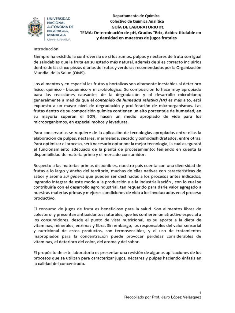 Guia de Laboratorio # 8 Determinación de Grados Brix, PH, Acidez ...