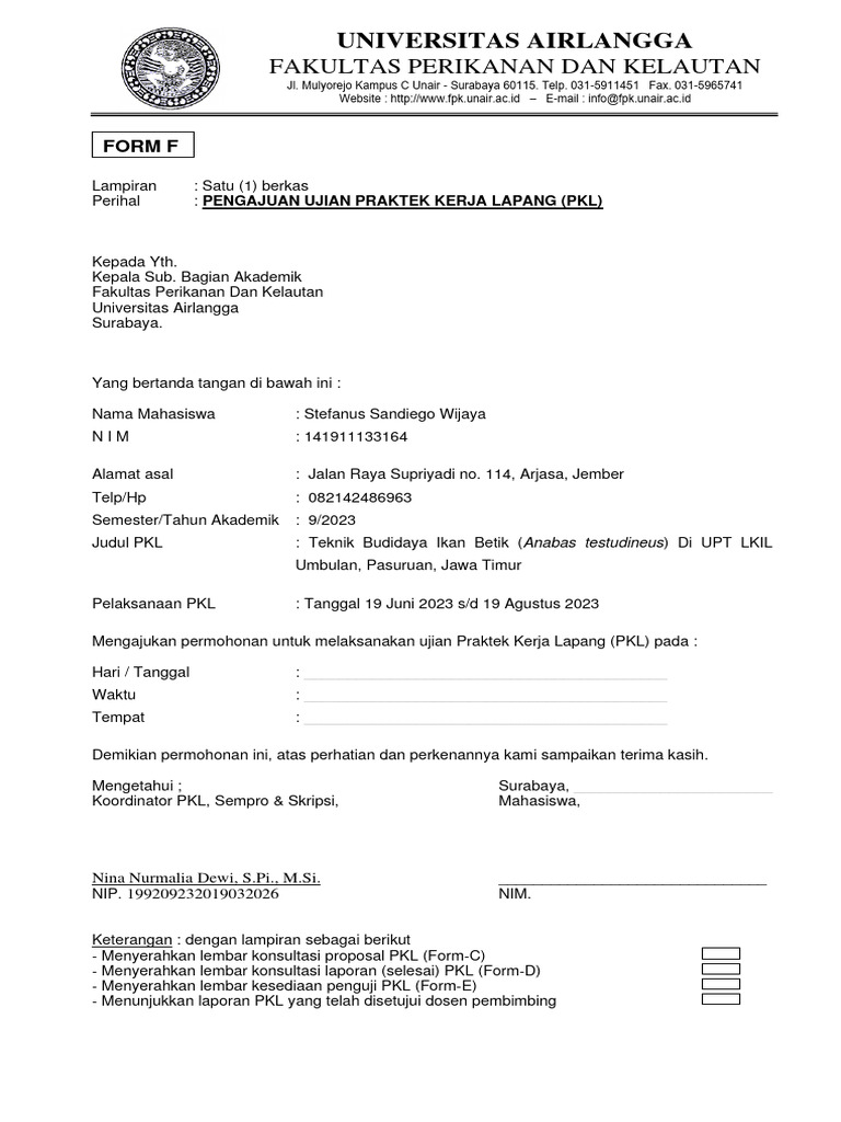 Form F Pengajuan Ujian PKL | PDF