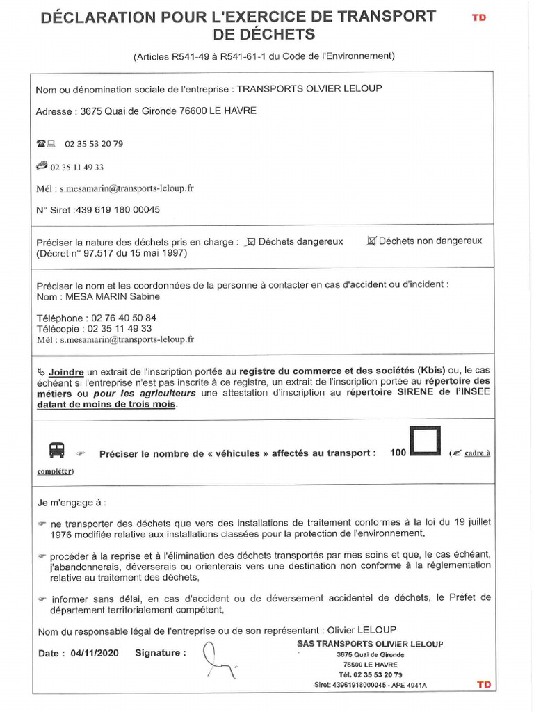 DECLARATION TRANSPORT DECHETS TD signé 2020-11-04 | PDF