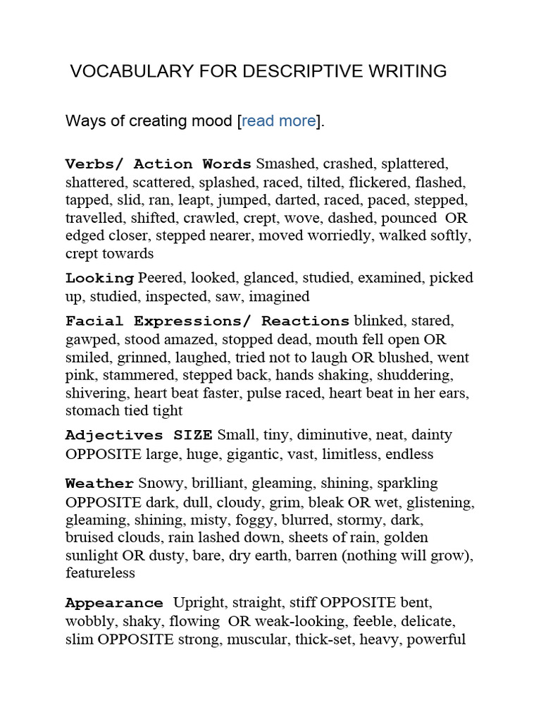 Descriptive Writing Vocabulary | PDF