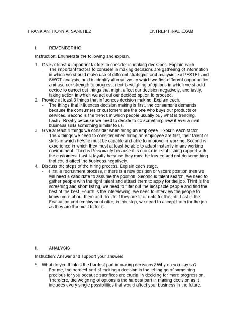 Sanchez - Entrep Final Exam | PDF | Risk | Decision Making