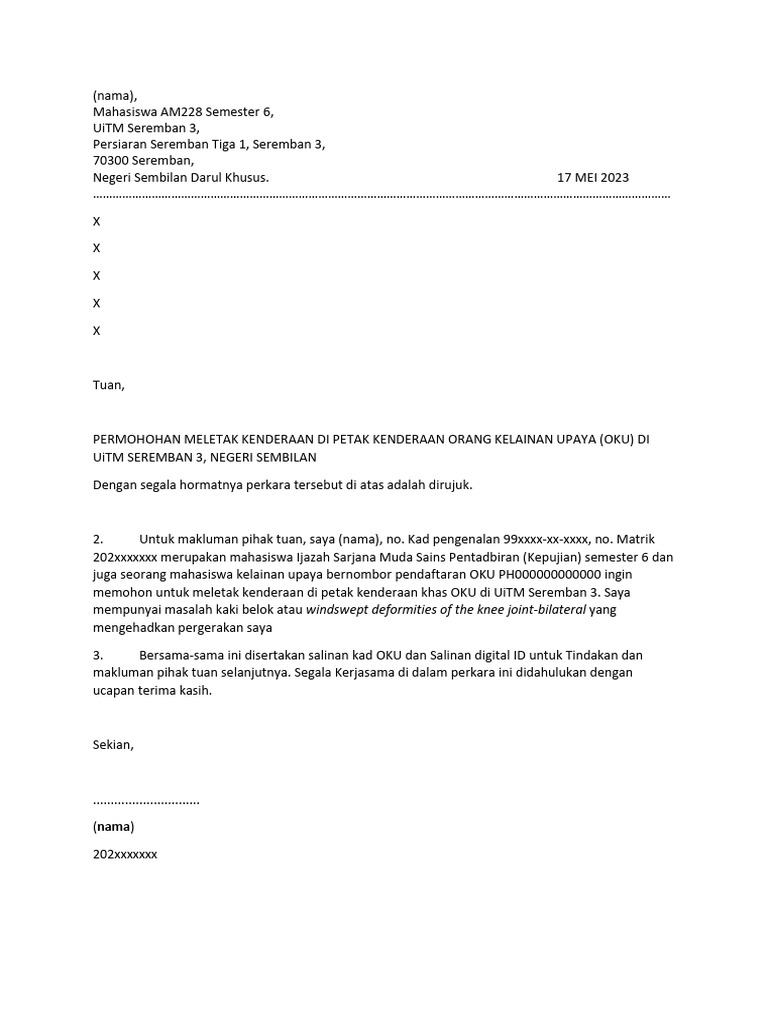 Surat Permohonan Parking Oku Di Uitm | PDF