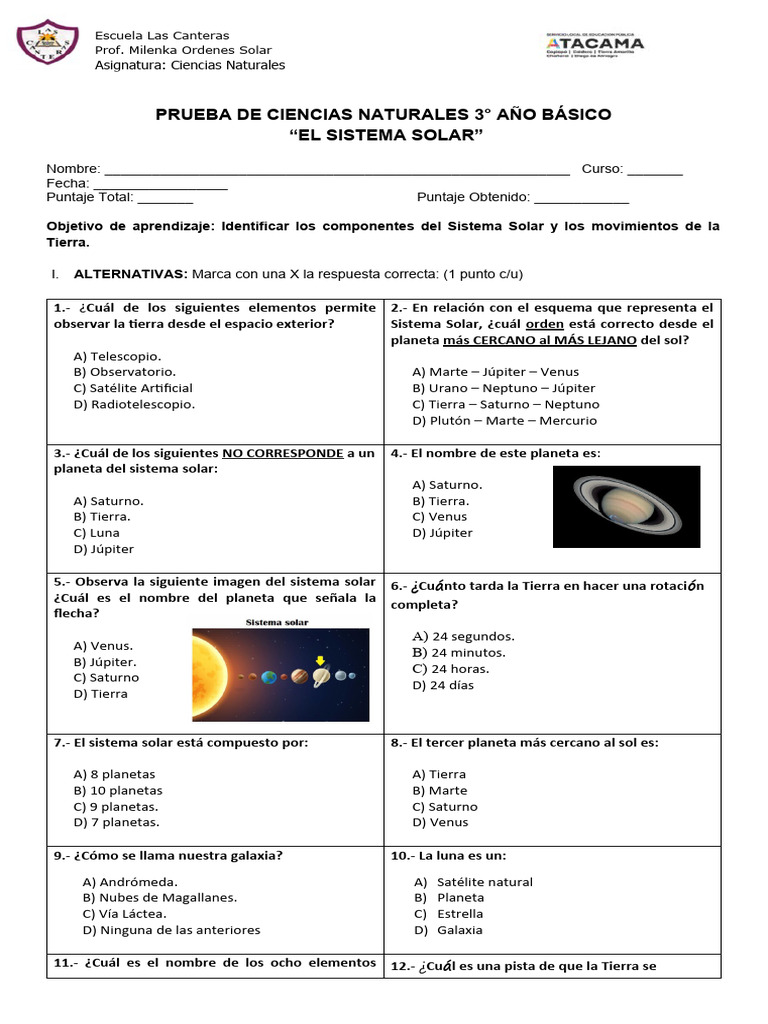 Evaluación de Ciencias Naturales 3° Básico Unidad 2_ _Sistema Solar ...