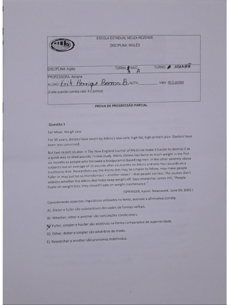 Progressão Parcial 3A Manha Ingles | PDF