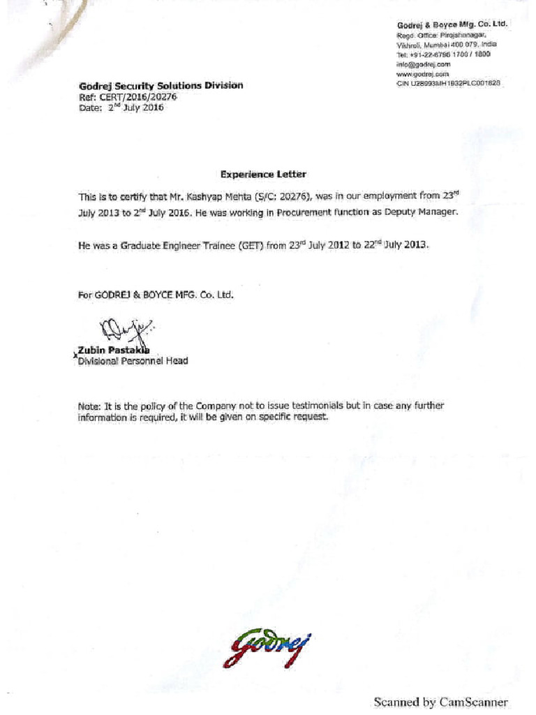 Exoerince Letter | PDF