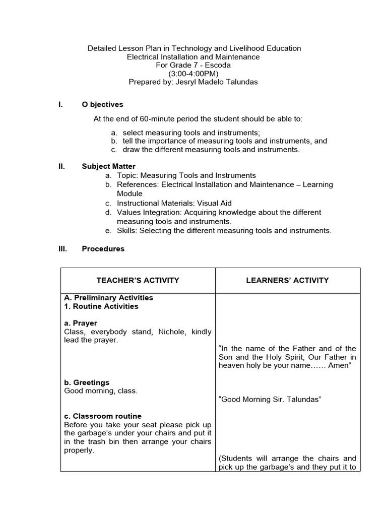 Detailed Lesson Plan in Measuring Tools and Instruments | PDF