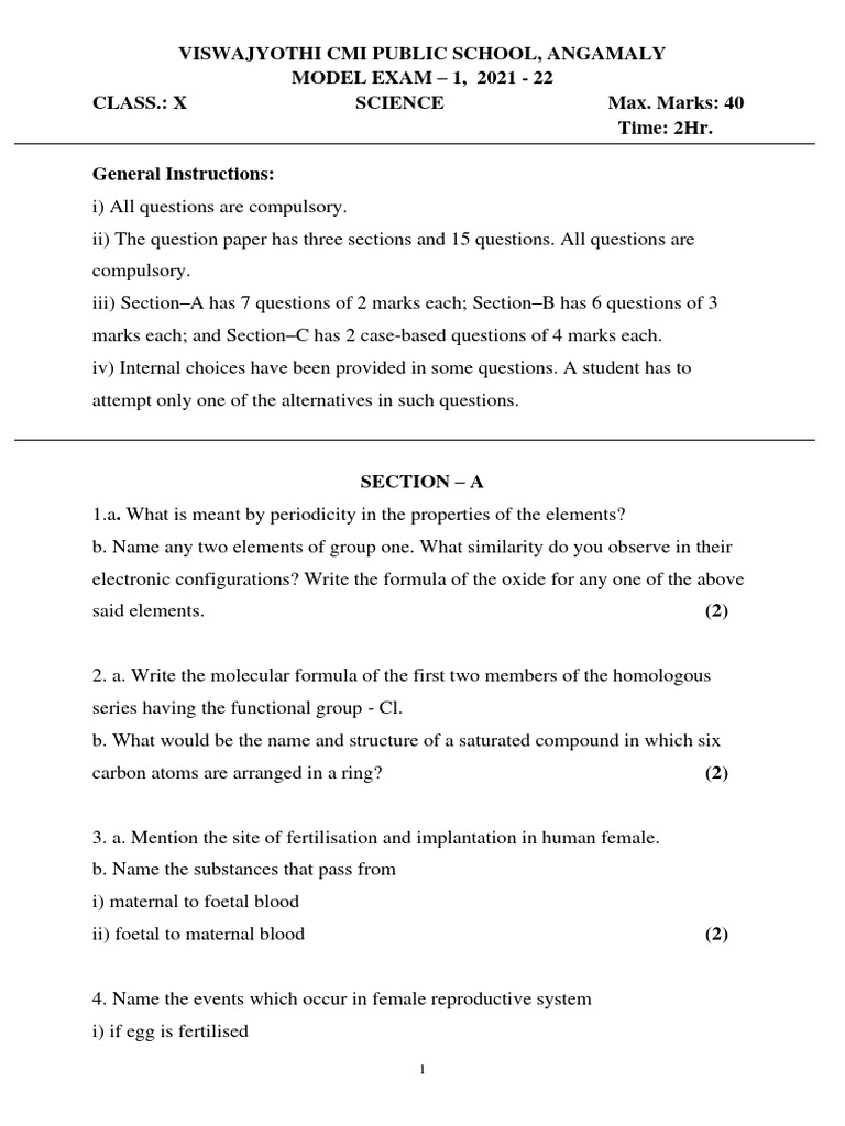 Viswajyothi Cmi Public School, Angamaly MODEL EXAM - 1, 2021 - 22 Class ...
