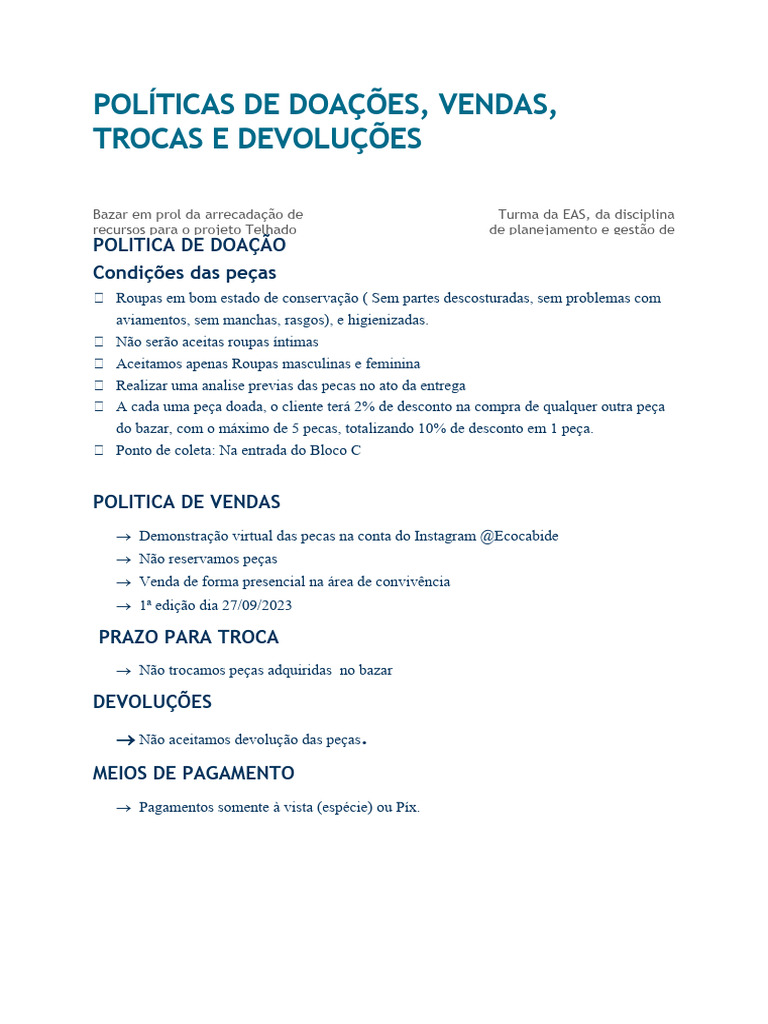 Politica de Troca e Vendas | PDF