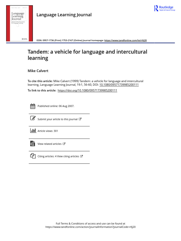 Tandem A Vehicle For Language and Intercultural Learning | PDF | Learning | Teachers