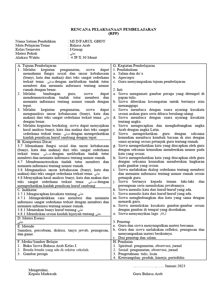 RPP Bahasa Arab Kls 1 Bu Ocha | PDF