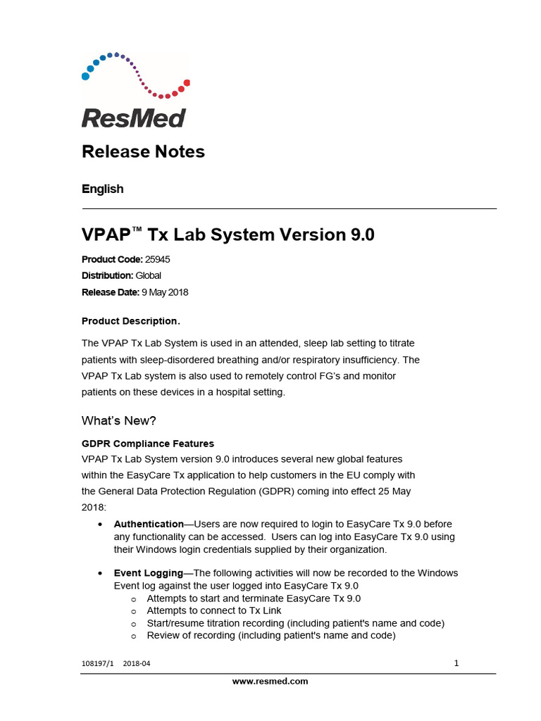 Vpap TX Lab System v9.0 Release Notes Glo Eng | PDF