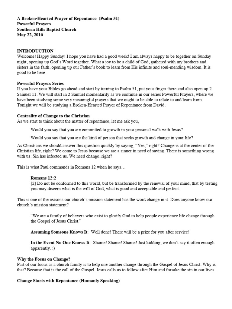 A Broken Hearted Prayer of Repentance Psalm 51 | PDF