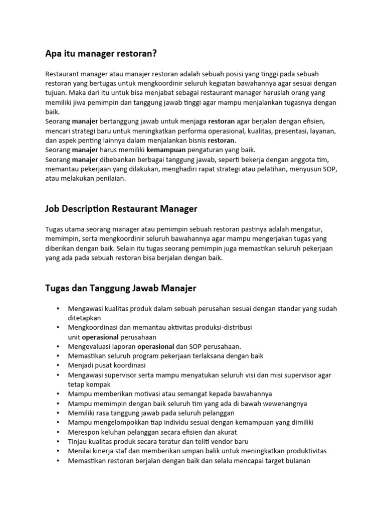 Apa Itu Manager Restoran | PDF