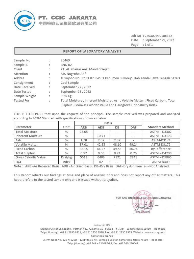Coa Pt. Ccic JKTR | PDF | Chemistry | Coal
