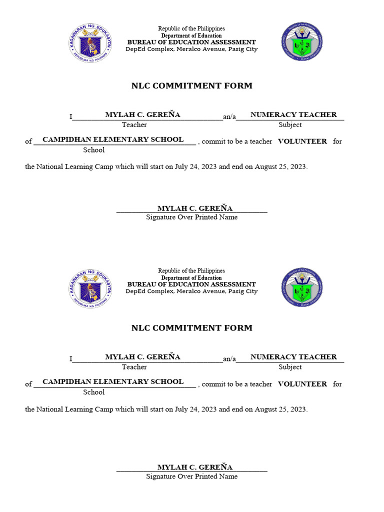 Teacher Volunteer Commitment Form | PDF