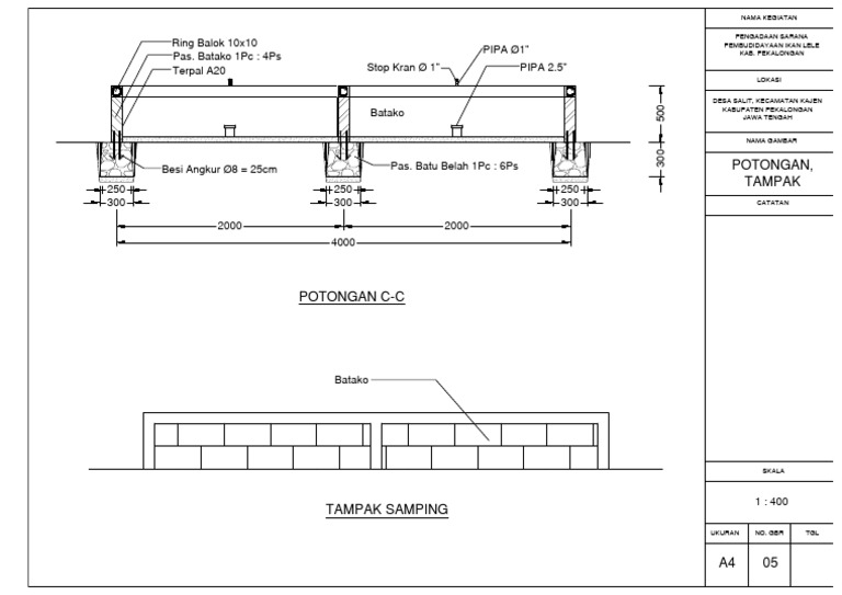 Potongan, Tampak: Ring Balok 10x10 Pas. Batako 1Pc: 4Ps Terpal A20 PIPA ...