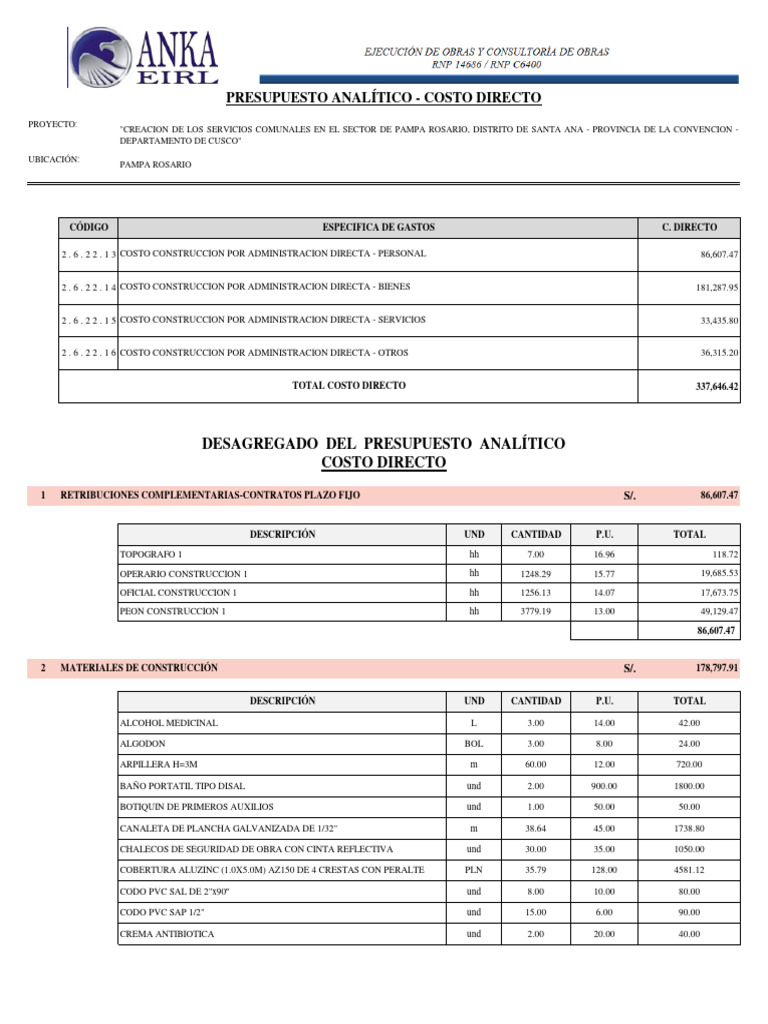Presupuesto Analitico Pampa Rosario Alt. 01 Ok Ok Sdsa | PDF