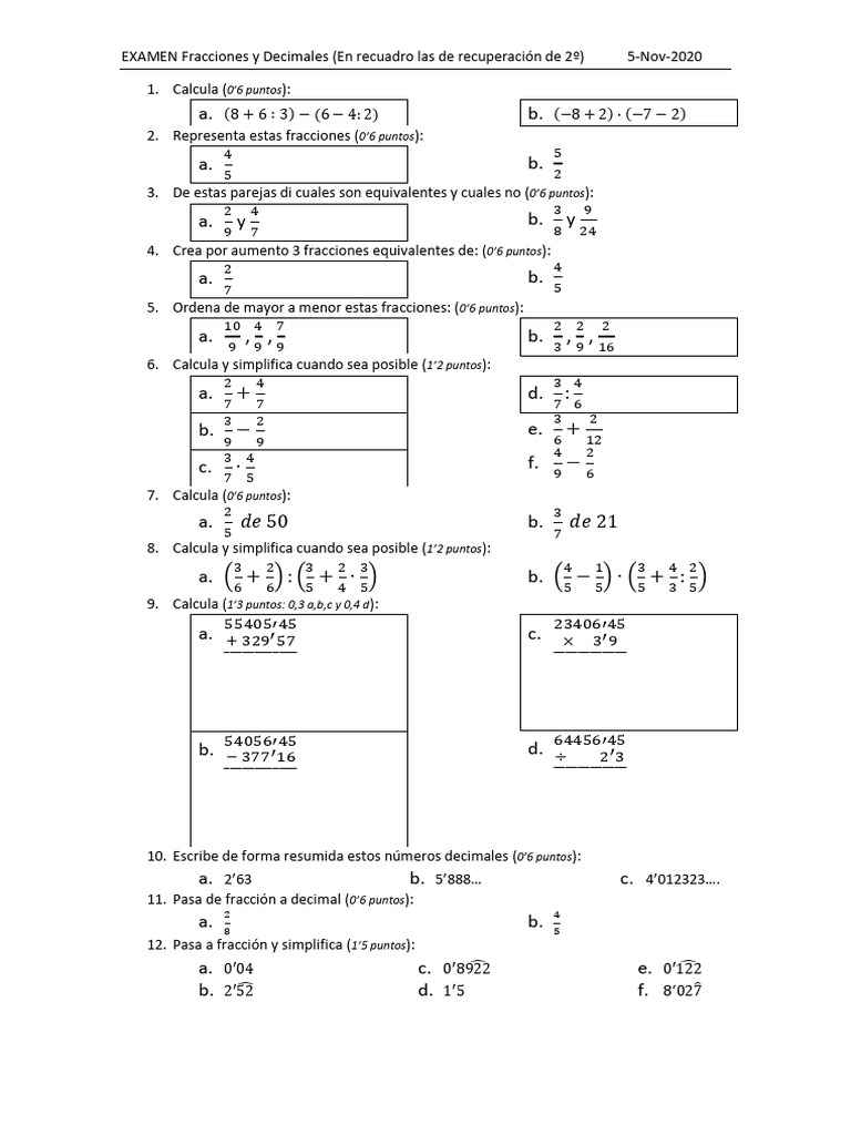 Examen Fracciones y Decimales | PDF