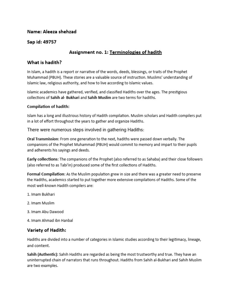 Aliza Assignment | PDF | Hadith | Islamic Ethics