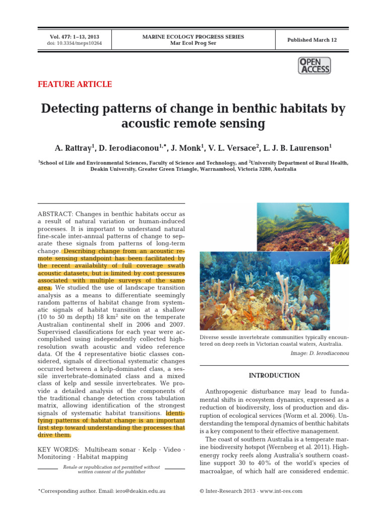 Detecting Patterns of Change in Benthic Habitats by Acoustic Remote ...