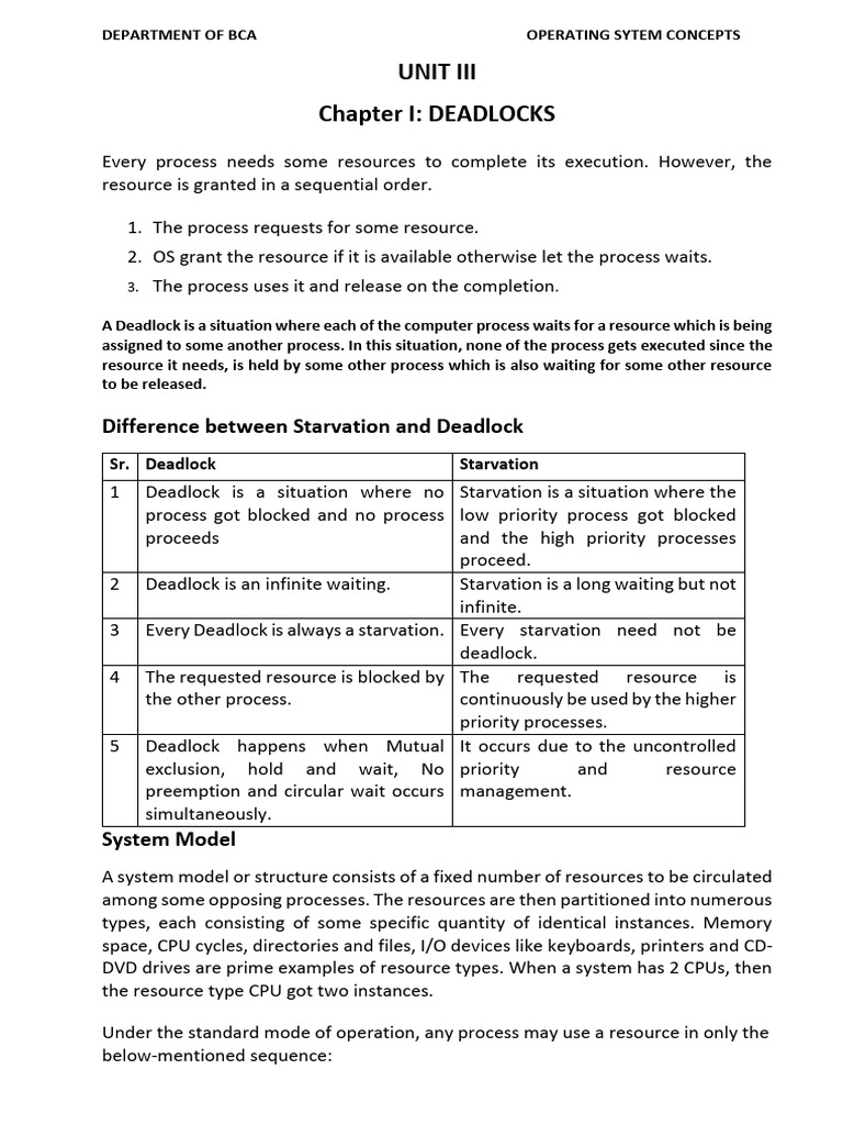 Unit III - Chapter I - Deadlocks - Notes | PDF