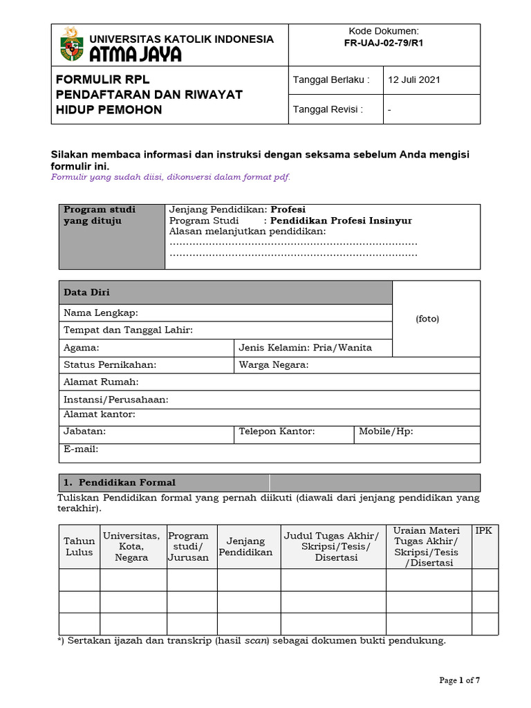 Formulir RPL Profesi Insinyur Unika | PDF