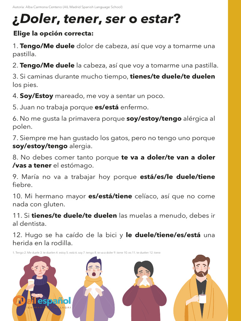 Quiz-Doler-Tener-Ser-Estar-En Español | PDF