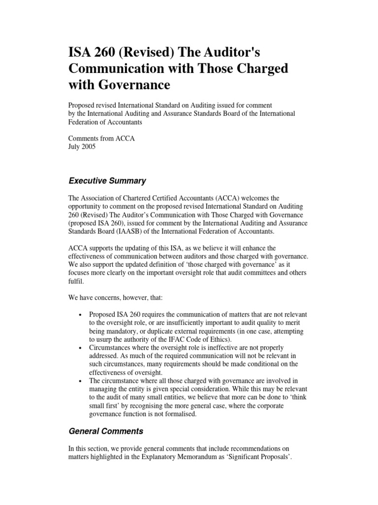 ISA 260 (Revised) The Auditor's Communication With Those Charged With Governance | PDF | Audit ...