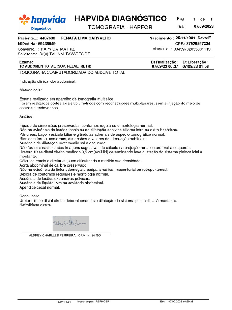 Hapvida Diagnóstico: Tomografia - Hapfor | PDF