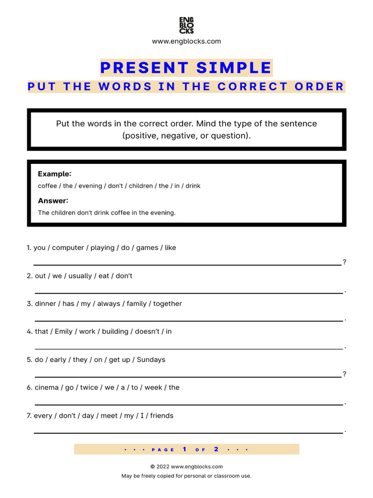 Present Simple Put The Words in The Correct Order | PDF