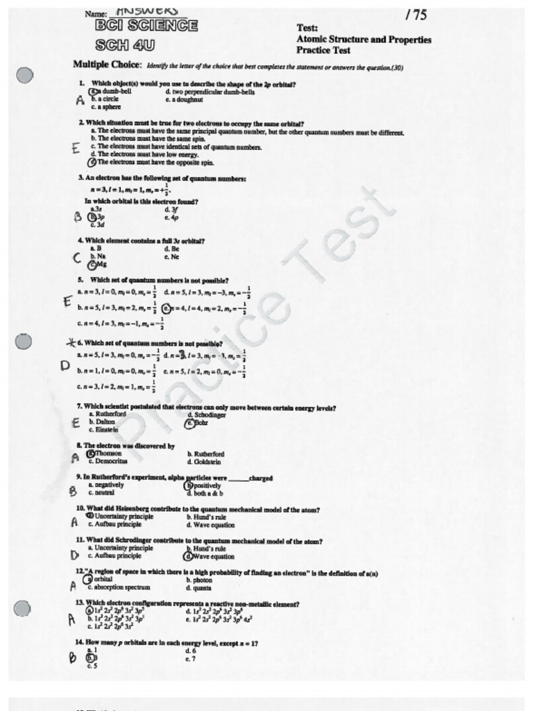 Atomic Structure and Bonding Practice Test Answers | PDF