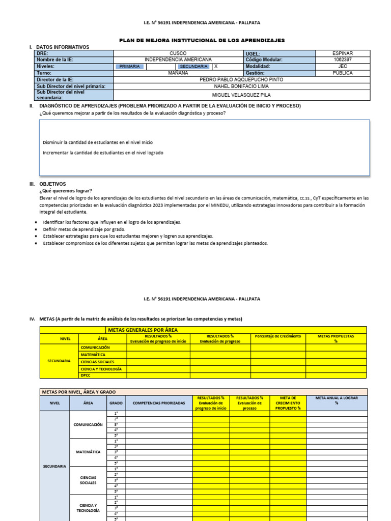 Formato de Plan de Mejora (1) | PDF | Evaluación | Enseñando