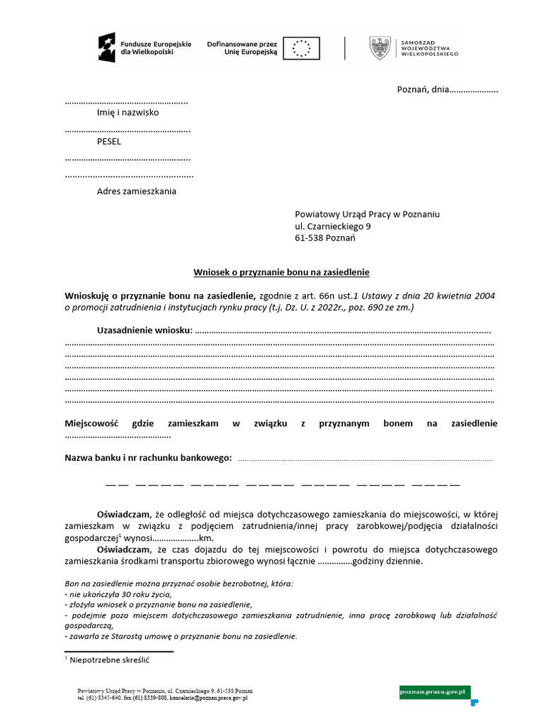 Wniosek o Przyznanie Bonu Na Zasiedlenie EFS Plus | PDF