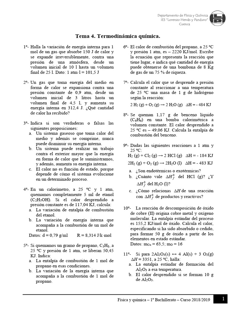 Ejercicios T4. Termodinámica Química | PDF