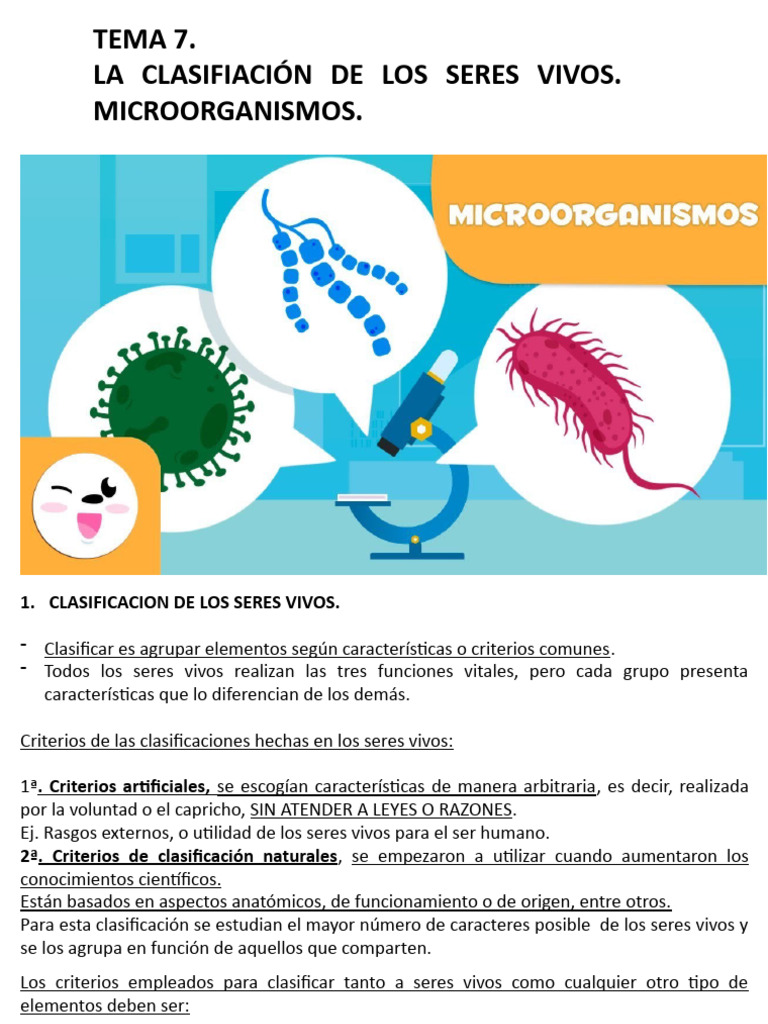 Tema 7. La Clasificaciã N de Los Seres Vivos. Los Microorganismos. | PDF | Microscopio | Algas