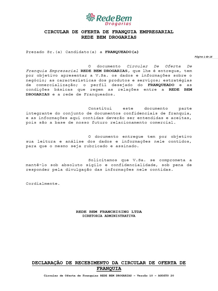 COF - Circular de Oferta de Franquia Rede Bem Drogarias - Atual. Lei 13.966 de 2019 50.1320 | PDF