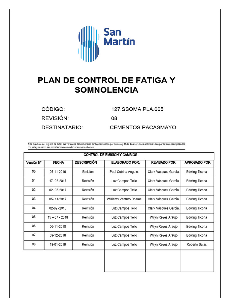 127-SSA-PLA-005 Plan de Control de Fatiga y Somnolencia 2019 - Rev8 | PDF | Dormir ...