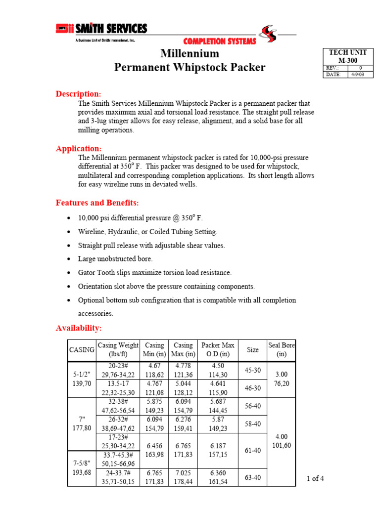 Millenium Permanent Wipstock Packer | PDF | Tools | Mechanical Engineering