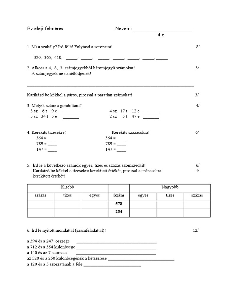 Év Eleji Felmérés Matematika 4.o | PDF