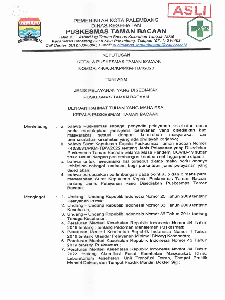 SK Jenis Pelayanan Di Puskesmas | PDF