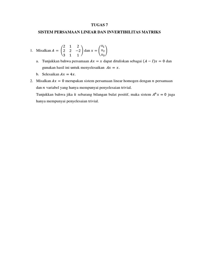 Pertemuan 7 Tugas Sistem Persamaan Linear Dan Invertibilitas Matriks | PDF