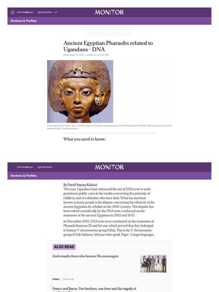 ADN Ancient Egyptian Pharaohs Related To Ugandans - DNA - Monitor | PDF