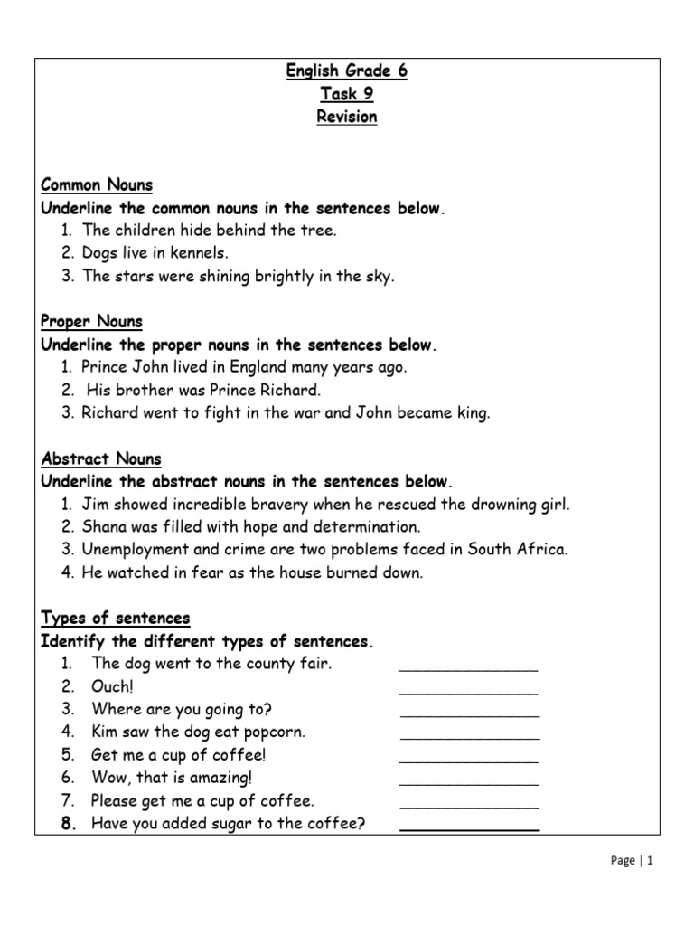 Grade 6 English Task 9 Worksheet | PDF
