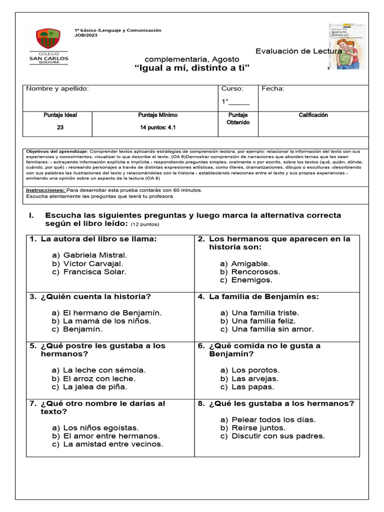 Evaluación de Comprensión Lectora 1° Básico | PDF
