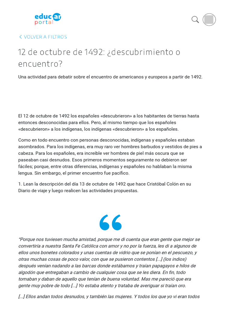 12 de Octubre de 1492 - ¿Descubrimiento o Encuentro - Educ - Ar | PDF