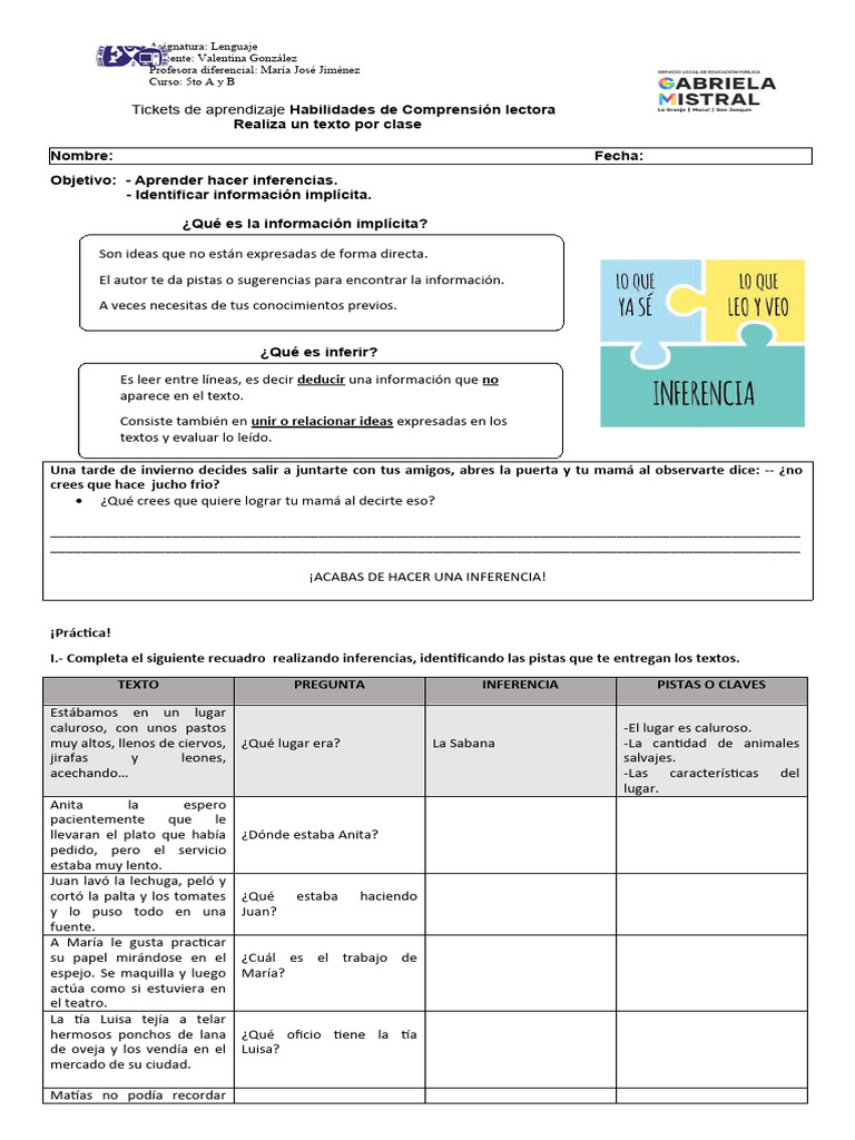 Inferencias e Informacion Implicita 5to | PDF