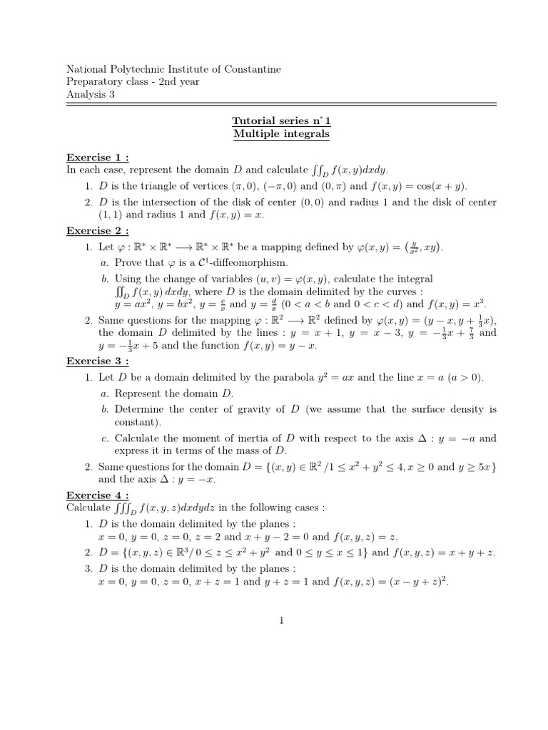 Multiple Integrals Exercises and Solutions | PDF